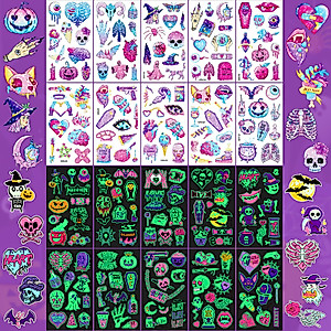 Sixberry Glitter Halloween Temporary Tattoos for Girls, 20 Sheets Glow in the Dark Tattoo Stickers for Kids Women Men Halloween Cosplay Costume Accessories Party Favor Decorations Supplies