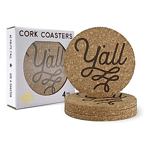 Y'all Texas Coaster Set Cork 3.5 Inch Coasters - 4 Texas Coasters Texas Gift
