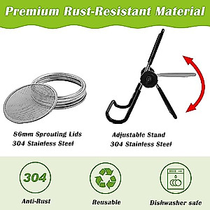 Sprouting Kit, Sprouts Growing Kit with 4 Screen Sprout Lids, 2 Stands, Tray, Blackout Sleeve, Stickers and Brush for Bean, Broccoli, Alfalfa Sprouts (No Manson Jar)