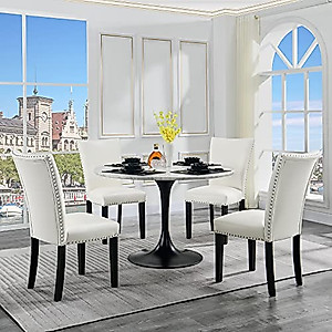 JESONVID Set of 6 Parsons Dining Chairs Faux Leather Kitchen Chair with Solid Wooden Legs Upholstered Soft Leather Padded Chairs with Nail-Head Trim-Ivory White