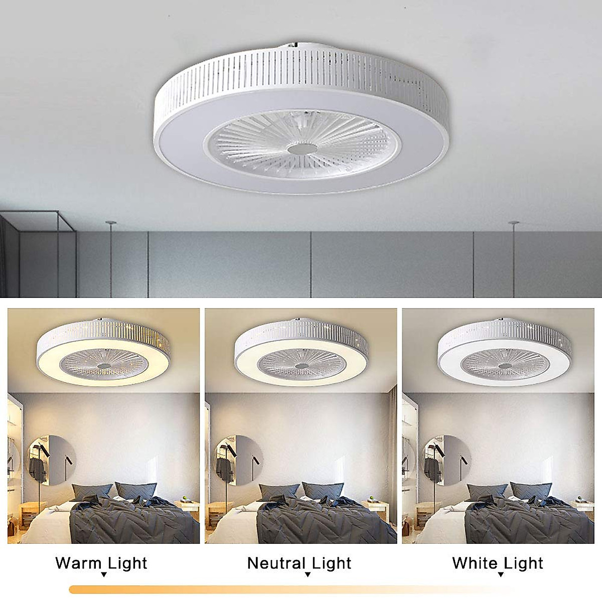 YIYIBYUS 23.5-Inch Modern Fan Chandelier LED 3 Colors 3 Speed with Remote Control Ceiling Fan Ceiling Light Mute Suitable for Living Room, Bedroom, Dining Room (white and black) (21.65 Inch White)