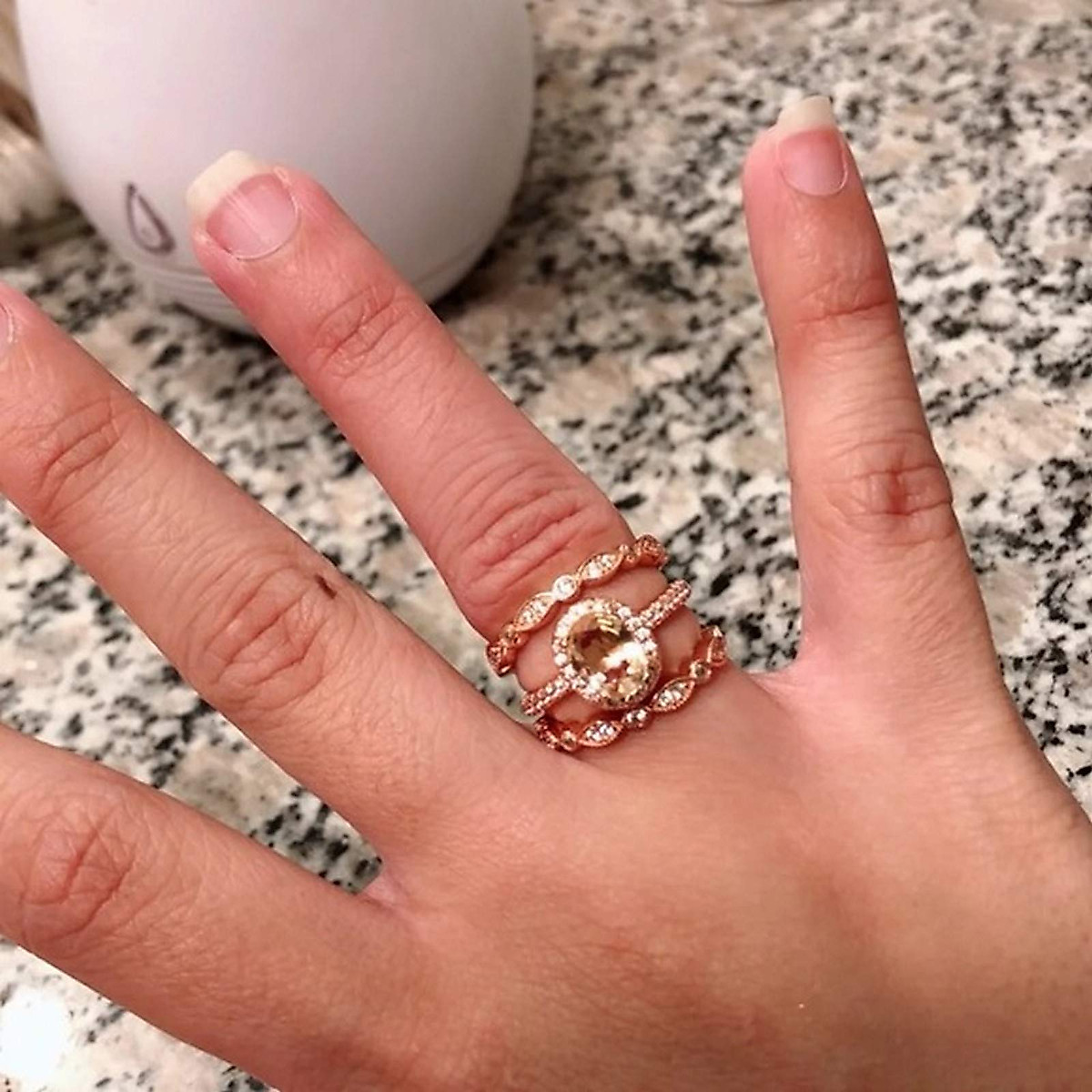 Blue Apple Co. Three Piece Halo Art Deco Wedding Band Engagement Ring Oval Simulated Morganite Round Cubic Zirconia 925 Sterling SilverSize-7