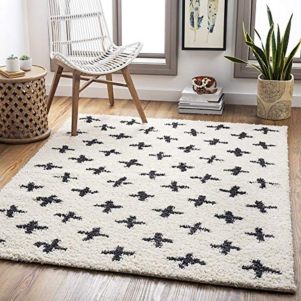 Livabliss Moroccan Soft Mora Shag Area Rug,6'7" x 9',Cream/Charcoal