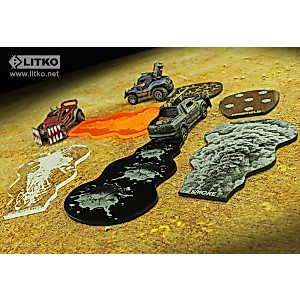 LITKO Dropped Weapon Area Effects Templates Set | Compatible with Gaslands Miniatures Game | Smoke | Glue | Caltrops | Mine Field | Flame Thrower | Oil Slick | (Variety Pack)