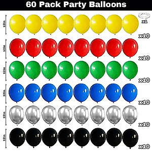 60 Pack Balloons Red Yellow Green Blue Black Party Balloons with Metallic Silver Helium Balloon, Superhero Rainbow Colorful Latex Balloons Set for Kids Birthday Carnival Superhero Themed Decorations