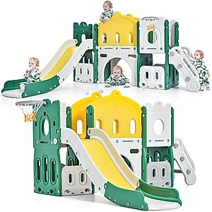 Merax 6-in-1 Kids Slide with Climber, Basketball Hoop, Tunnel and Storage Space, Outdoor Indoor Slide Playset for Toddlers Age 1+
