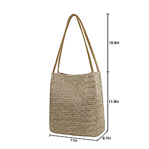 Women Straw Shoulder Bag Bucket Bag Beach Hobo Handbag Top Handle Satchel Purse for Summer, Dark Beige