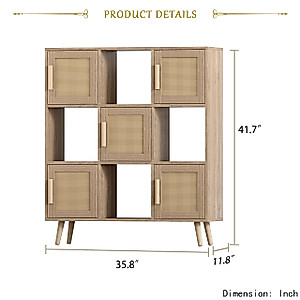 SSLine Boho Rattan 9-Cube Storage Organizer Rustic Wooden Bookcase with 4 Open Cubes & 5 Rattan Door Cabinets Free-Standing Bookshelf Display Cube Shelves for Living Room Home Office