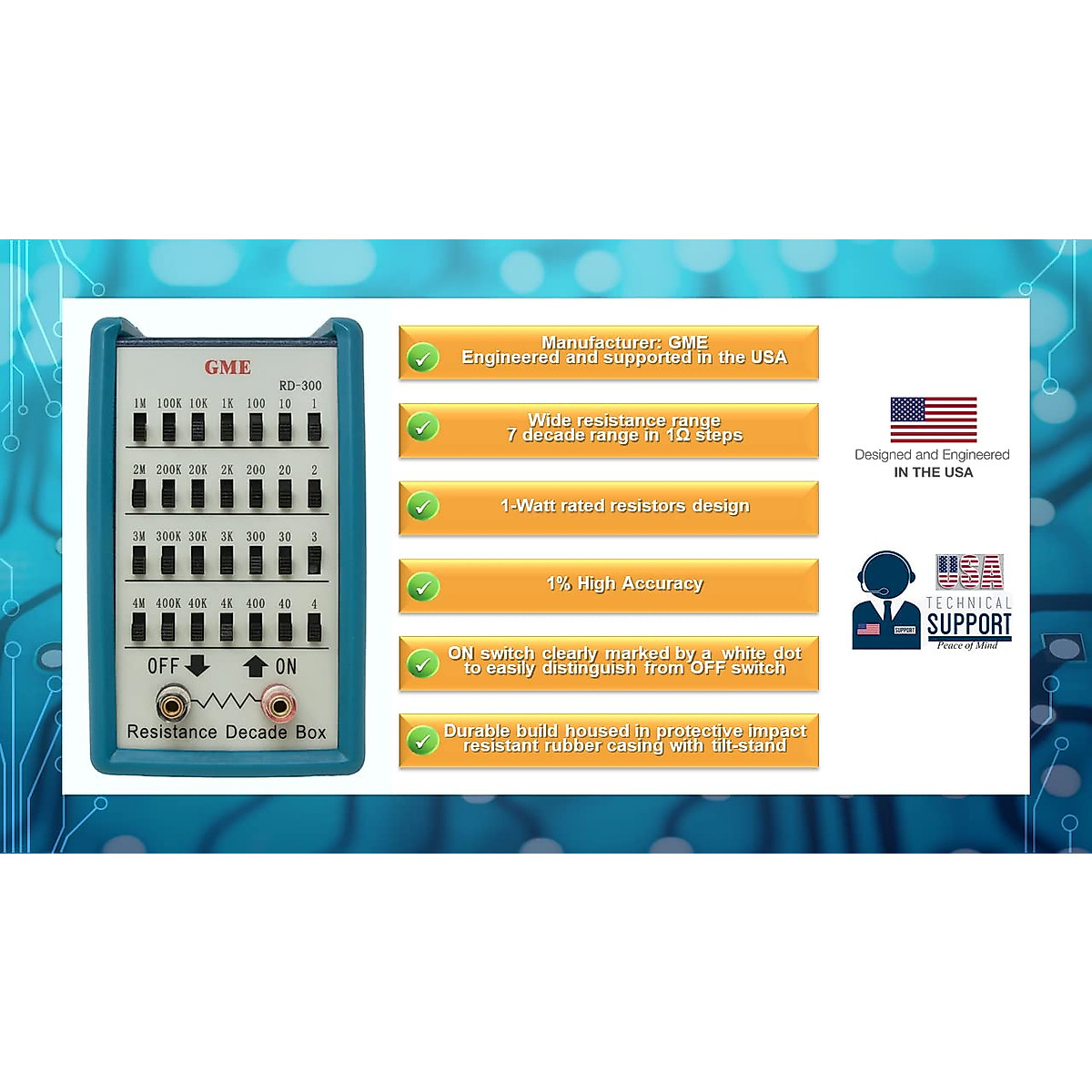 GME RD-300 Resistance Substitution Decade Box, 7 Decades Range, 1Ω to 11MΩ, 1% Accuracy, 1-Watt Rated resistors, Designed in The USA