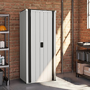 AECOJOY Outdoor Storage Cabinet Waterproof with Adjustable Shelves, Lockable Metal Outdoor Garden Storage Shed Organizer, Versatile for Garage, Backyard, or Indoor Use in White