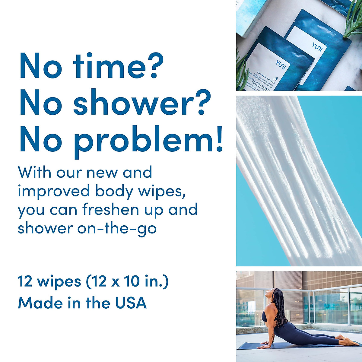 YUNI Beauty Large Body Wipes, Peppermint Citrus, 12 Count, Compostable, Biodegradable, No Rinse Body Cleanser, On-the-Go Shower Alternative