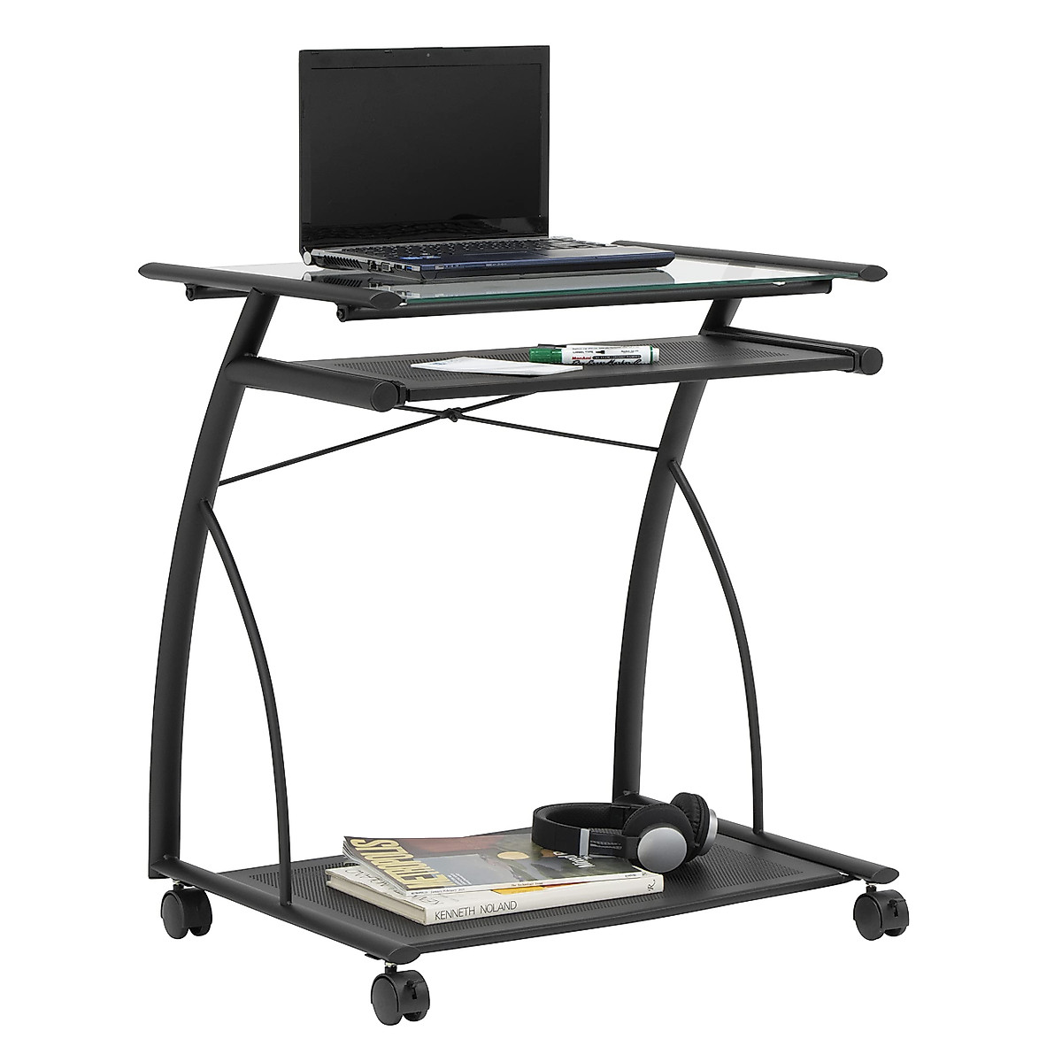 Calico Designs 50100 L-Shaped Computer Cart with Clear Glass, Black