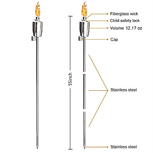 FAB BASED Oil Torch Lamp Torch for Patio/Garden/Lawn/Backyard - 55 inch - Stainless Steel - Fiber Glass Wick - Set of 2 Pieces-Outdoor Oil Lamp for Citronella (Ecru)