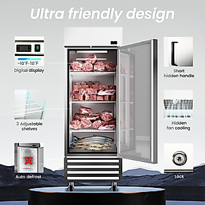 KICHKING 27"W Dynamic Cooling Commercial Freezer 23 Cu. Ft OmniSmart Temperature Control -10℉~10℉ Self Closing Stainless Steel Reach-In Commercial Freezer Digital Thermostat LED Lighting 3 Shelves