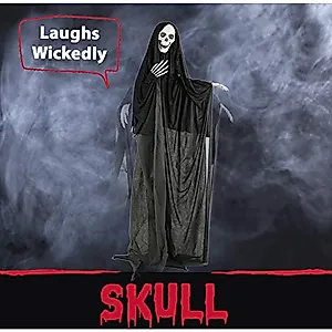 Haunted Hill Farm Life-Size Animatronic Reaper, Indoor/Outdoor Halloween Decoration, Light-up Red Eyes, Poseable, Battery-Operated