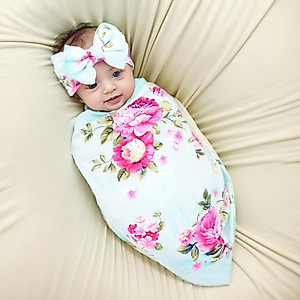 Galabloomer Receiving Blanket Headband Set Flower Print Baby Swaddle Receiving Blankets