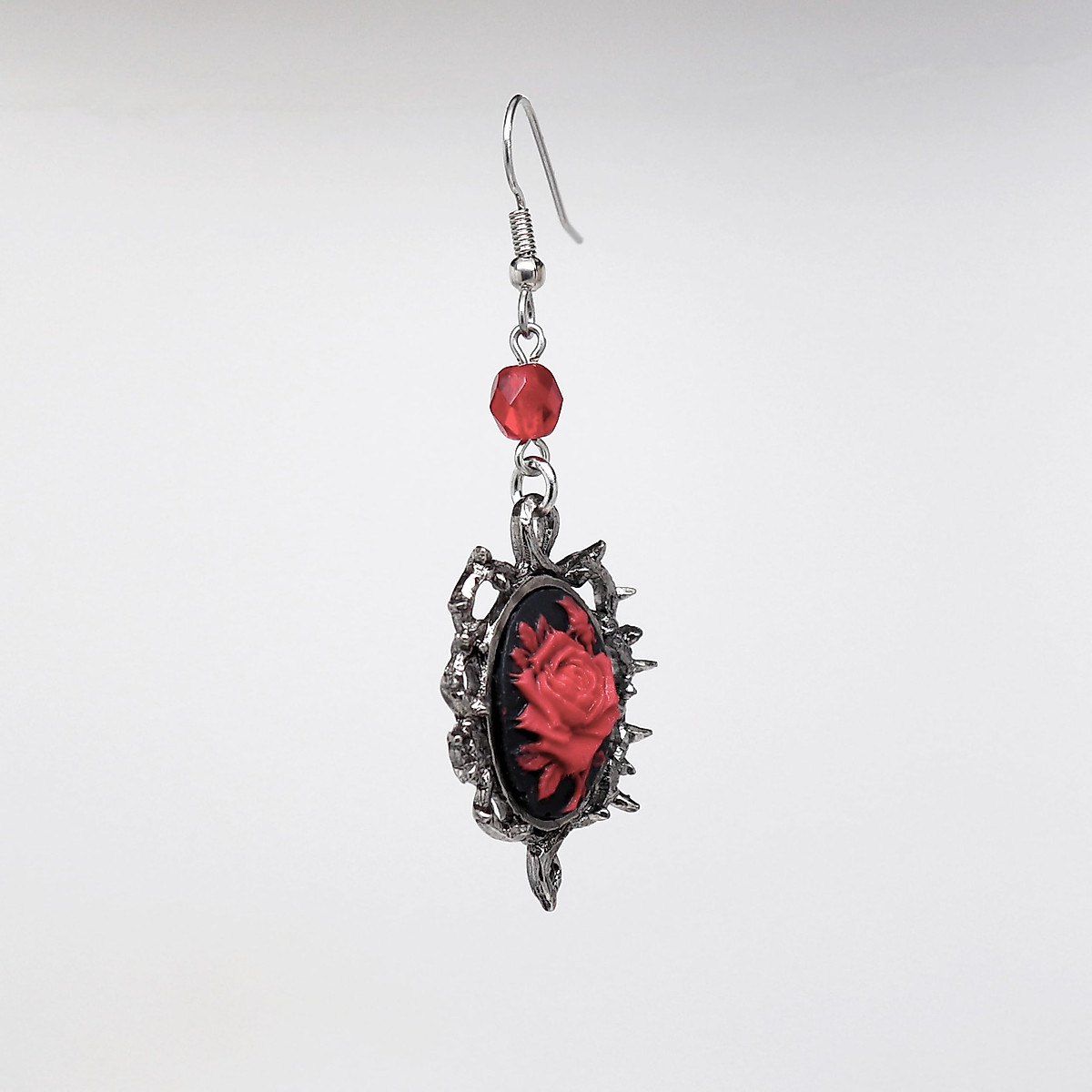 Gothic Red Rose Cameo Earrings Surrounded by Thorns with Red Bead