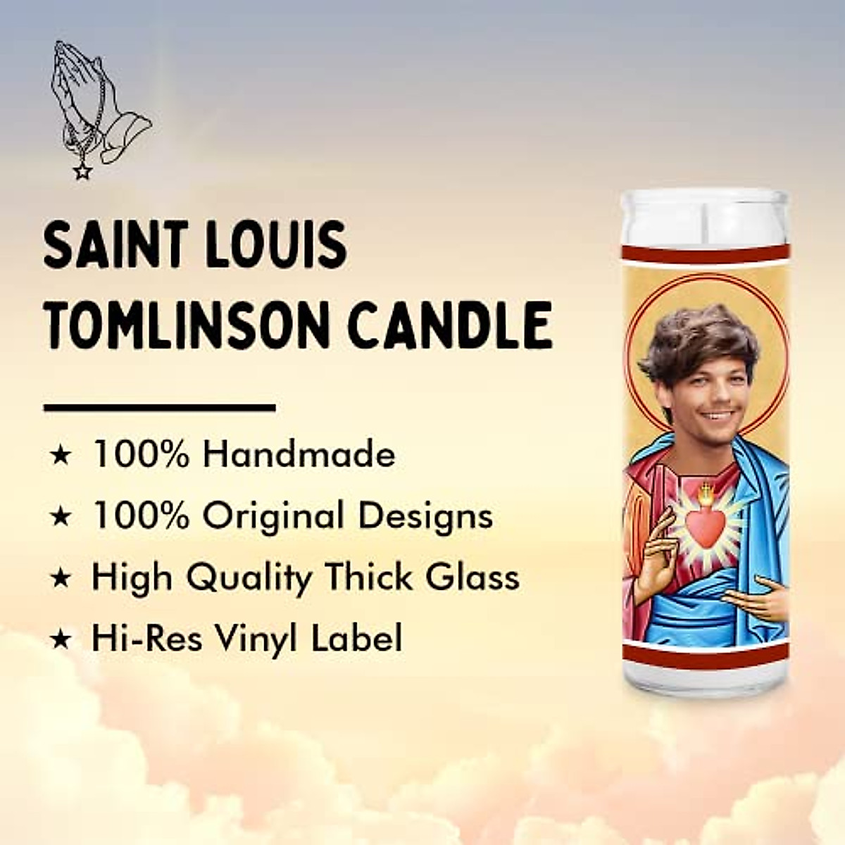 Louis Celebrity Prayer Candle - Funny Saint Candle - 8-inch Glass Prayer Pop Culture Votive - Handmade in USA - Funny Celeb Novelty Best Music Gift