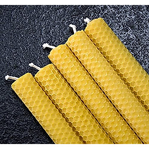 DEYBBY Handmade Beeswax Taper Candles, Dripless Wax Candles, Hand-Rolled Honeycomb Candles for Dinner Party, Set of 6 Flat Top（Brown Raw）