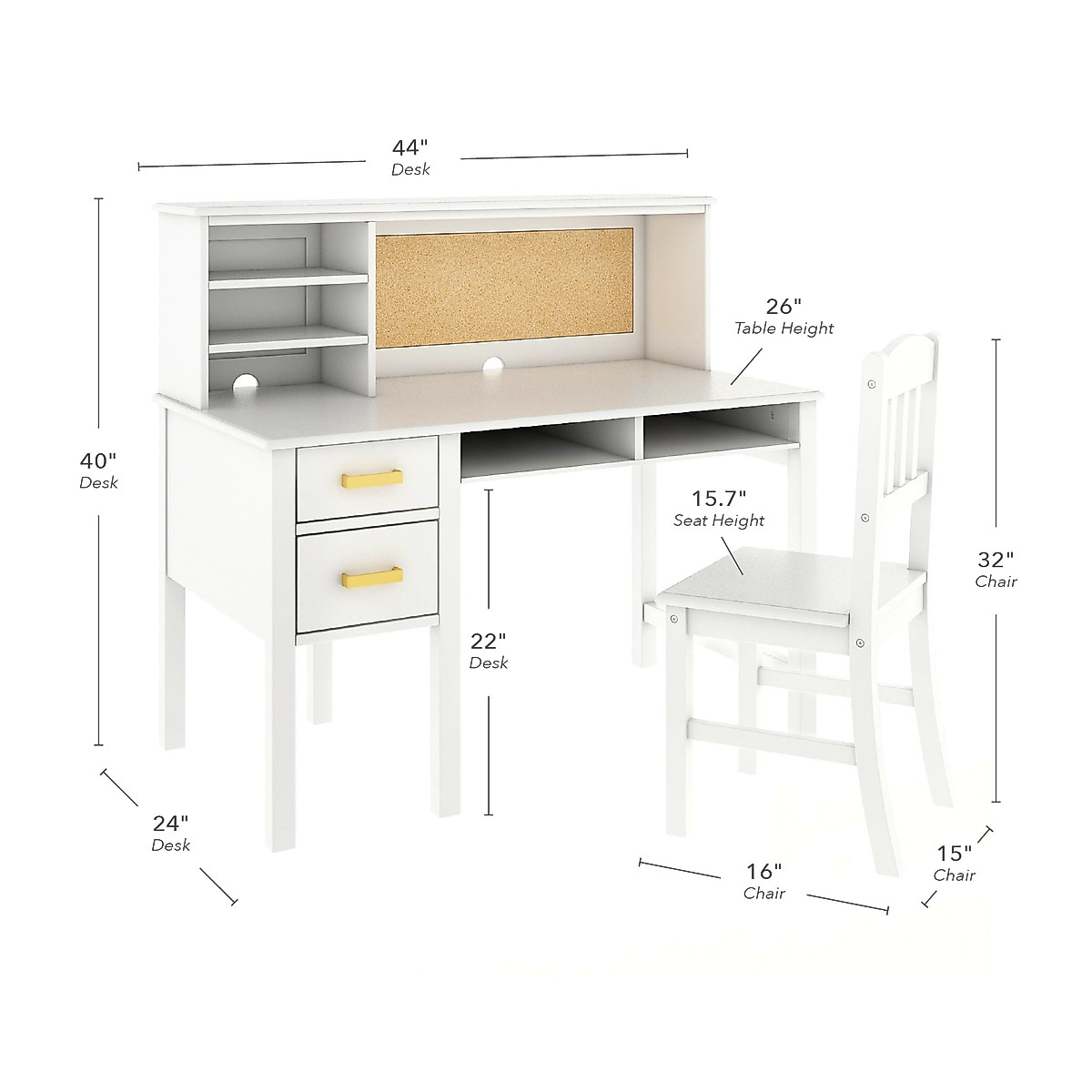 Guidecraft Kids Taiga Desk and Chair Set with Hutch - White: Kids Wooden Table Workstation with Storage Drawers, Adjustable Shelves and Corkboard | Study Table and Chairs for Kids Bedroom