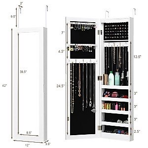 Giantex 12 LEDs Jewelry Armoire Wall Door Mounted, Jewelry Cabinet Organizer with Full-length Mirror, Ring Earring Slots Necklace Hooks and 5 Storage Shelves, Large Storage Capacity