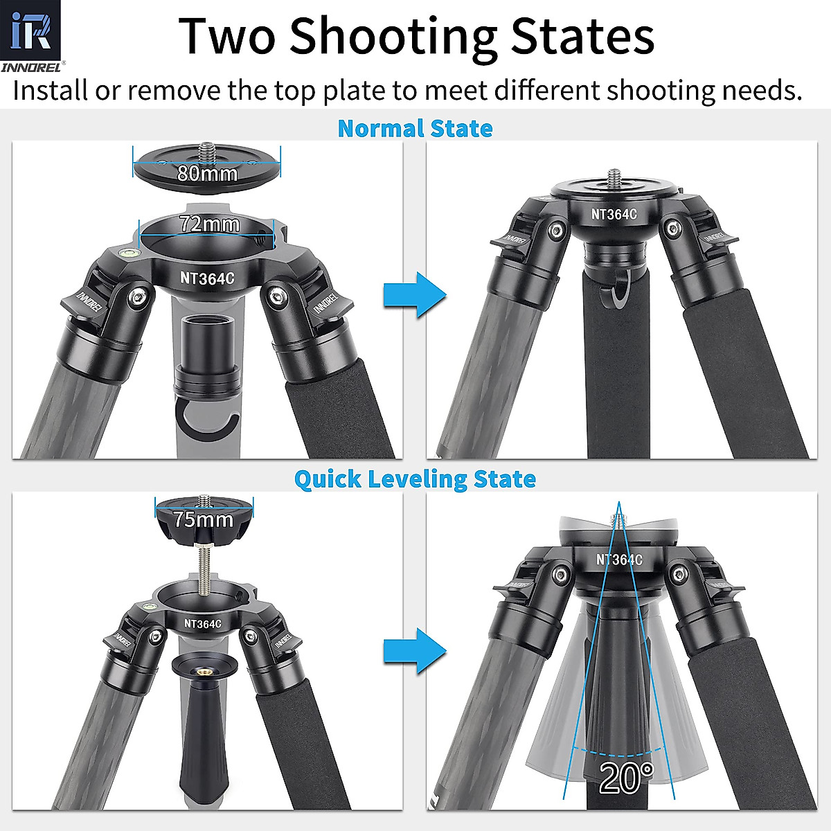 Carbon Fiber Tripod INNOREL NT364C Professional Birdwatching Heavy Duty Camera 55lb/25kg Max Load Bowl Tripod Birdwatching Camera Stand with 75mm Bowl Adapter (Max Tube 36mm, Tripod + Bowl Adapter)