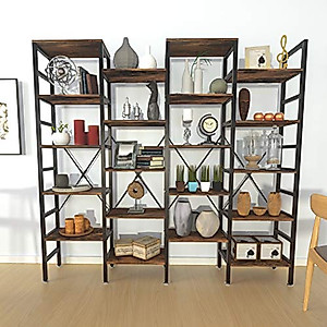 LAVIEVERT Quadruple Wide 5-Tier Bookcase Etagere Large Open Bookshelf Rustic Industrial Style Shelves with Metal Frame & Vintage Wood for Home & Office - Rustic Brown