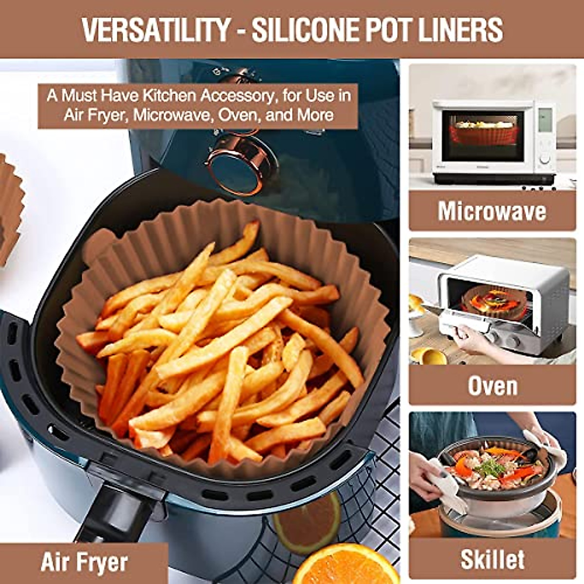 2 Pack Air Fryer Silicone Liners Pot for 3 to 5 QT, Air Fryer Silicone Basket Bowl, Replacement of Flammable Parchment Paper, Reusable Baking Tray Oven Accessories, Brown+Blk, (Top 8in, Bottom 6.75in)