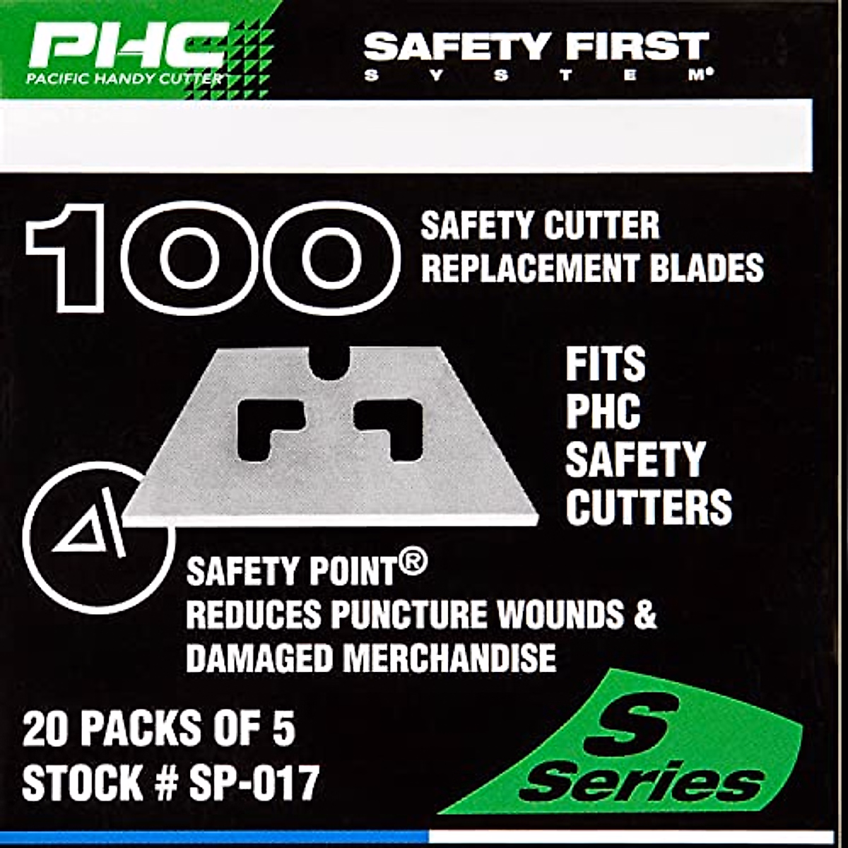 Pacific Handy Cutter SP017 Safety Point Blade for PHC Safety Cutters, Pack of 100, Sharp Edge, Safety Point Razor Blades for Injury Reduction, Cuts Boxes, Cardboard, Tape, Plastic Straps, and More
