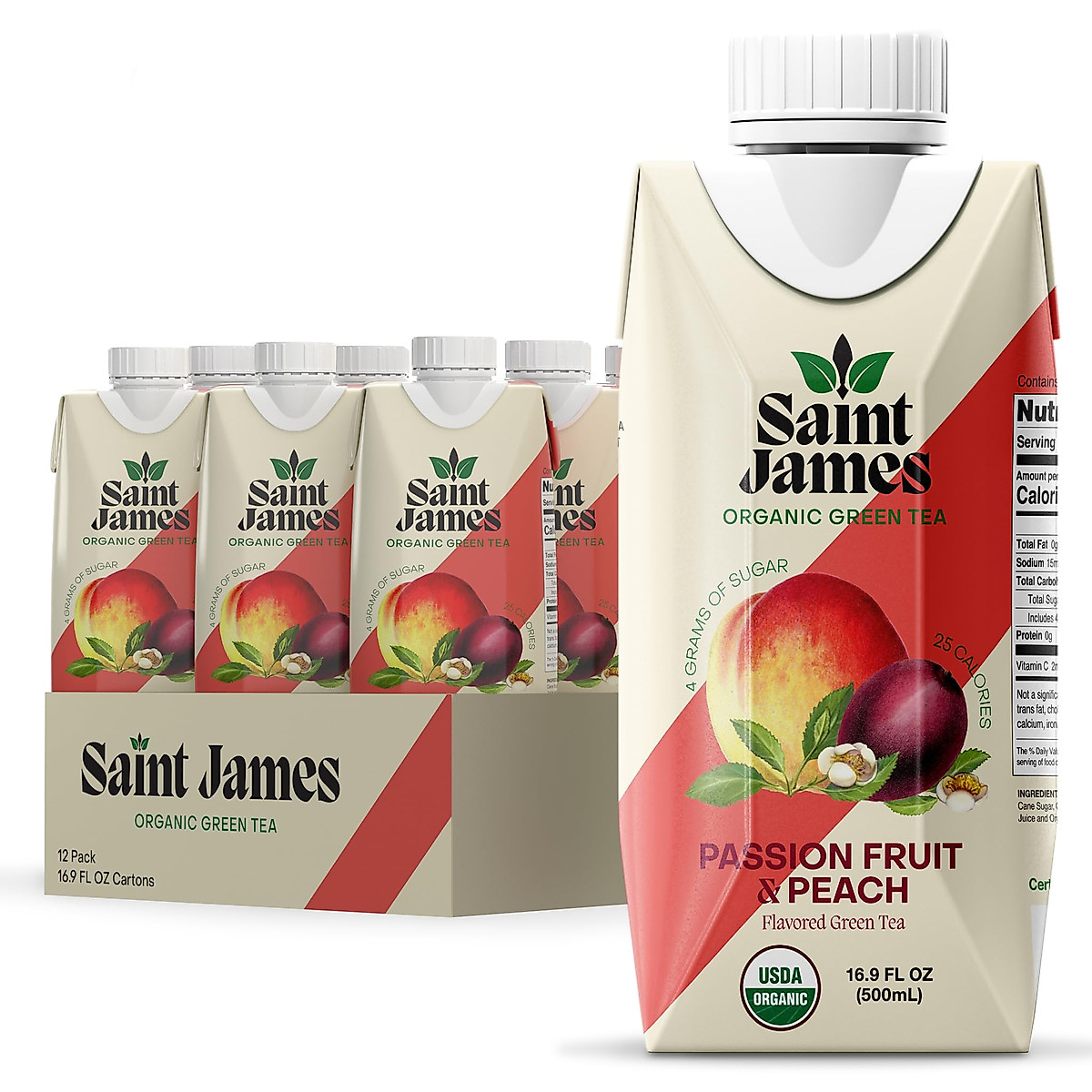 Saint James Iced Tea | Passion Fruit & Peach Organic Green Tea | Organic, Non-GMO Green Tea, 12 Pack (16.9oz each)