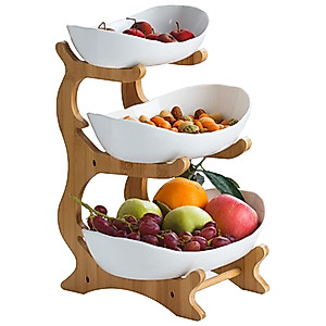 Ceramic Oval Tiered Serving bowls Tray Set，White 3 Tier Ceramic Fruit Bowl with Bamboo Wood Stand for Sushi, Dessert, Fruit, Vegetables, Appetizer, Cake, Candy, Chip Dip (White, 3-Tier)