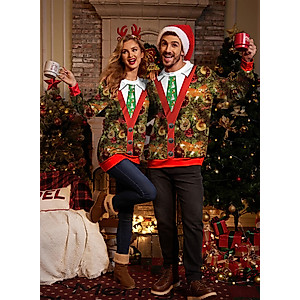 Arvilhill Christmas Men's Ugly Holiday Party Sweatshirt Tie Printed Light Bulb Long Sleeve Sweater Xmas Bells 2XL