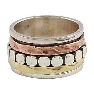 NOVICA Artisan Handmade Sterling Silver Meditation Spinner Ring Copper Brass from India No Stone Floral [band Width 11 mm W] ' Paved Road'