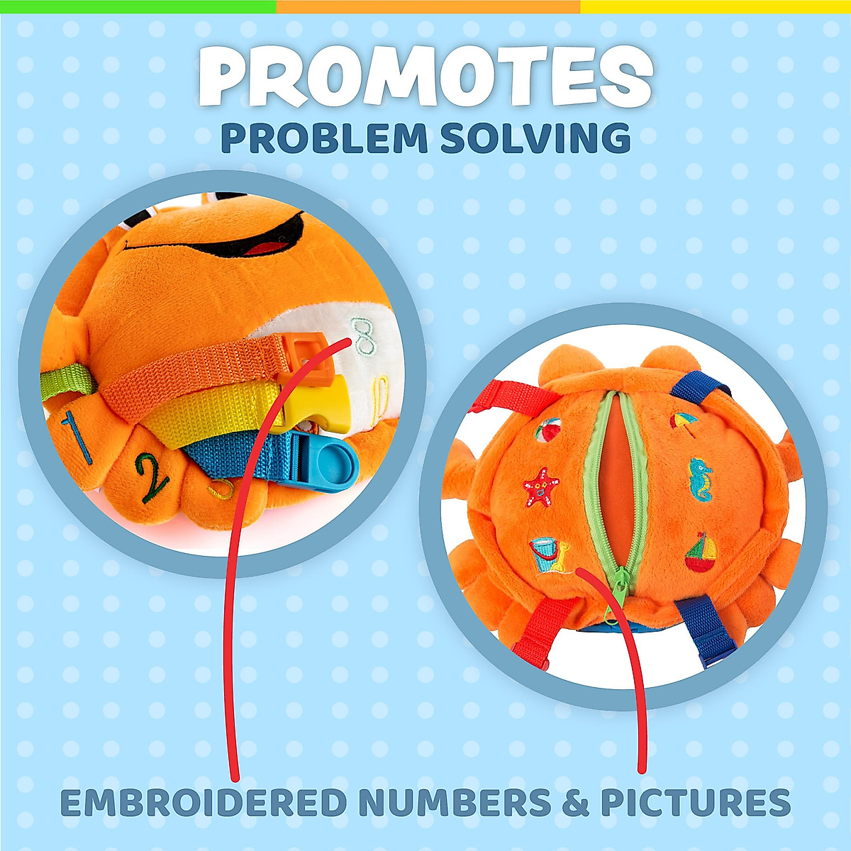 Buckle Toys - Barney Crab Stuffed Animal - Montessori Learning Toy for Toddlers - Develop Motor Skills and Problem Solving - Great Car Trip Activities for Kids