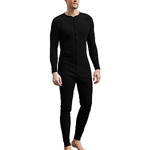 COLORFULLEAF Men's Cotton Thermal Underwear Union Suits Henley Onesies Base Layer (Black, XXL)