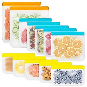 Reusable Storage Bags, 12 Pack BPA Free Leakproof Freezer Bag for Liquid Lunch Sandwich Marinate Meat Fruits - 2 Gallon, 5 Sandwich and 5 Small Bags, Food Grade, Thick, Leakproof and Washable