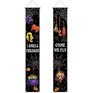 Allenjoy Halloween Witches Theme I Smell Children Porch Sign Door Banner for Girl Broom Welcome Party Supplies Decorations Flag Hanging Home Wall Decor Outdoor Indoor Polyester 11.8x70.9 Inch 2PCS