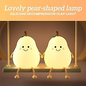 Emcgicc 7 Colors Cute LED Pear-Shaped Fruit Night Light, Silicone Decompression Clap Light with Rechargeable Lithium Battery, Colorful Light Color for Children's Rooms Babies Bedside Lamp (Pear)