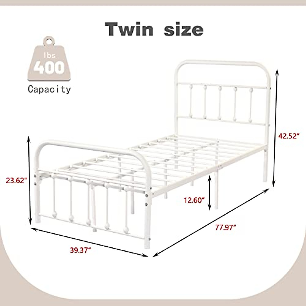 alazyhome Classic Metal Platform Twin Size Bed Frame Mattress Foundation with Victorian Style Iron-Art Headboard Under Bed Storage No Box Spring Needed White