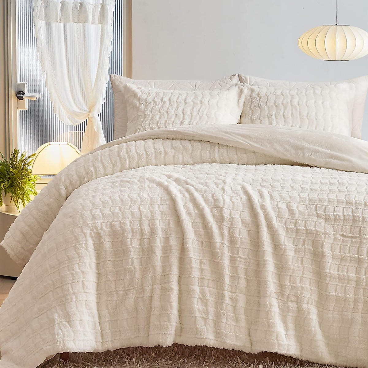 Jameswish Faux Rabbit Fur Duvet Cover Set Super Soft Furry Comforter Cover Set Luxury Cozy Cross Pattern Plush Fuzzy Fluffy 3Pcs Bedding Set(1Duvet Cover+2 Pillowcases) (Queen Size, Ivory White)