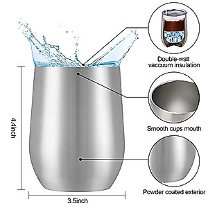 Stainless Steel Wine Tumbler 12Oz, Double Wall Vacuum Insulated Wine Tumbler with Lid and Straw, Stainless Steel Stemless Wine Glass for Wine, Coffee, Cocktails, Champaign, Ice Cream, Silver…