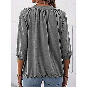 Grlasen Women's Solid Crew Neck T Shirt Blouse Cotton Half Sleeve 3/4 Sleeve Casual Loose Pleated Basic Tops