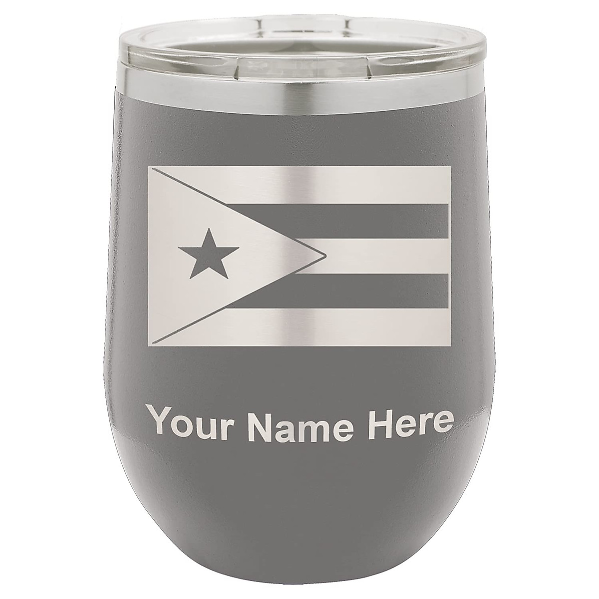 LaserGram Double Wall Stainless Steel Wine Glass Tumbler, Flag of Puerto Rico, Personalized Engraving Included (Gray)