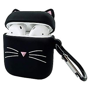 MOLOVA Case for Airpods 1&2 Case,Soft Silicone 3D Cute Funny Fun Cartoon Character Kawaii Airpods Cover Shockproof  Full Protection Skin case with Keychain (Black Whisker Lucky Cat Kitty)