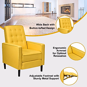 Giantex Push Back Recliner Chair, Modern Fabric Recliner w/Button-Tufted Back, Accent Arm Chair for Living Room, Bedroom, Home Office (Yellow)