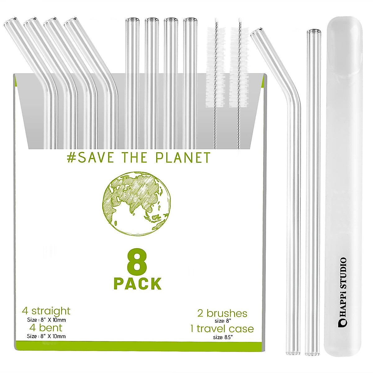 HAPPi STUDIO 8-Pack Glass Straws with Travel Case - 8"x10mm Reusable Straws with 2 Cleaning Brushes - Clear Glass Straws Shatter Resistant - Glass straws Drinking Reusable Smoothie Straw, Coffee Straw