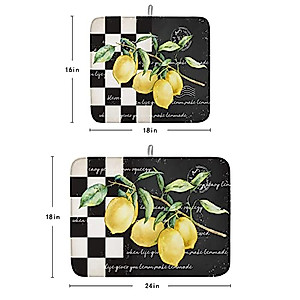Dish Drying Mats Yellow Lemon Fresh Fruit Farm Absorbent Fast-Drying Kitchen Dishes Pad Black White Plaid Dish Draining Mat Washable Dish Drainer Rack Mats for Kitchen Counter 16x18 Inch
