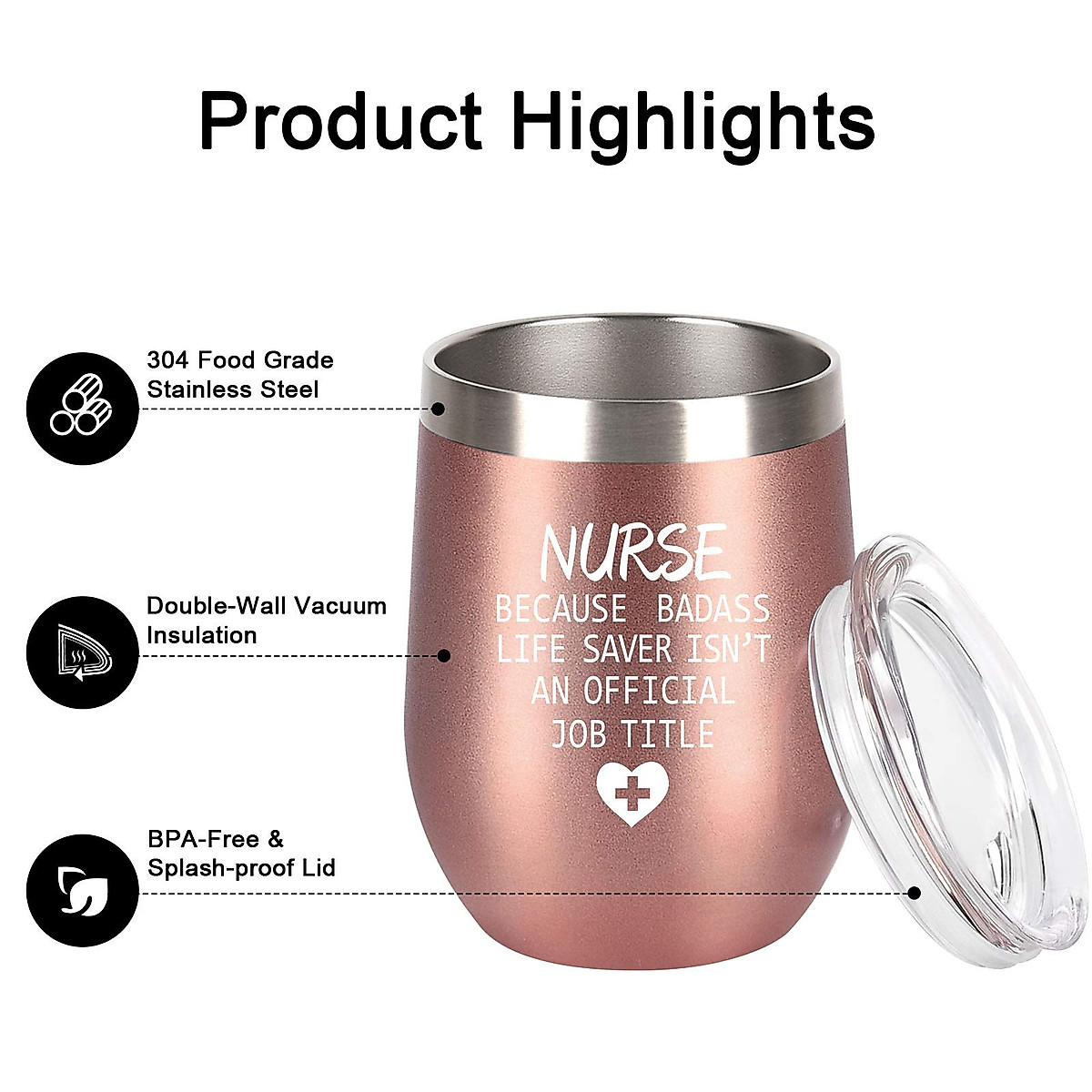 Qtencas Nurse Appreciation Gifts for Women, Nurse Because Badass Stainless Steel Wine Tumbler with Lid, Funny Birthday Christmas Gifts for Nurse Friends Coworkers Sister(12oz, Rose Gold)