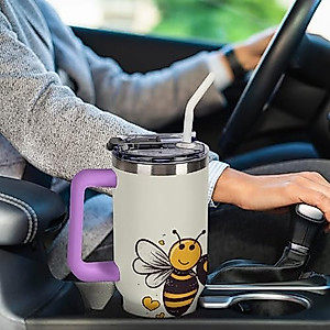 FHENMSA 40 Oz Insulated Coffee Mug Tumbler with Handle,Bee Love Honey Print Insulated Tumbler,Stainless Steel Travel Mug with Lid And Straw