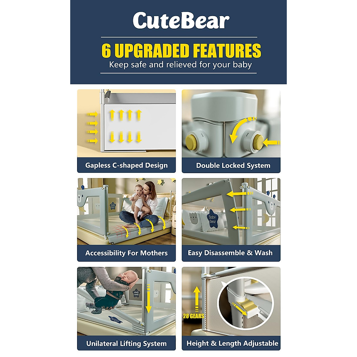 CuteBear Bed Rails for Toddlers - 60" 70" 80" Extra Long Baby Bed Rail Guard (3 Sides: Perfect for King Bed, Include 3 Sides)